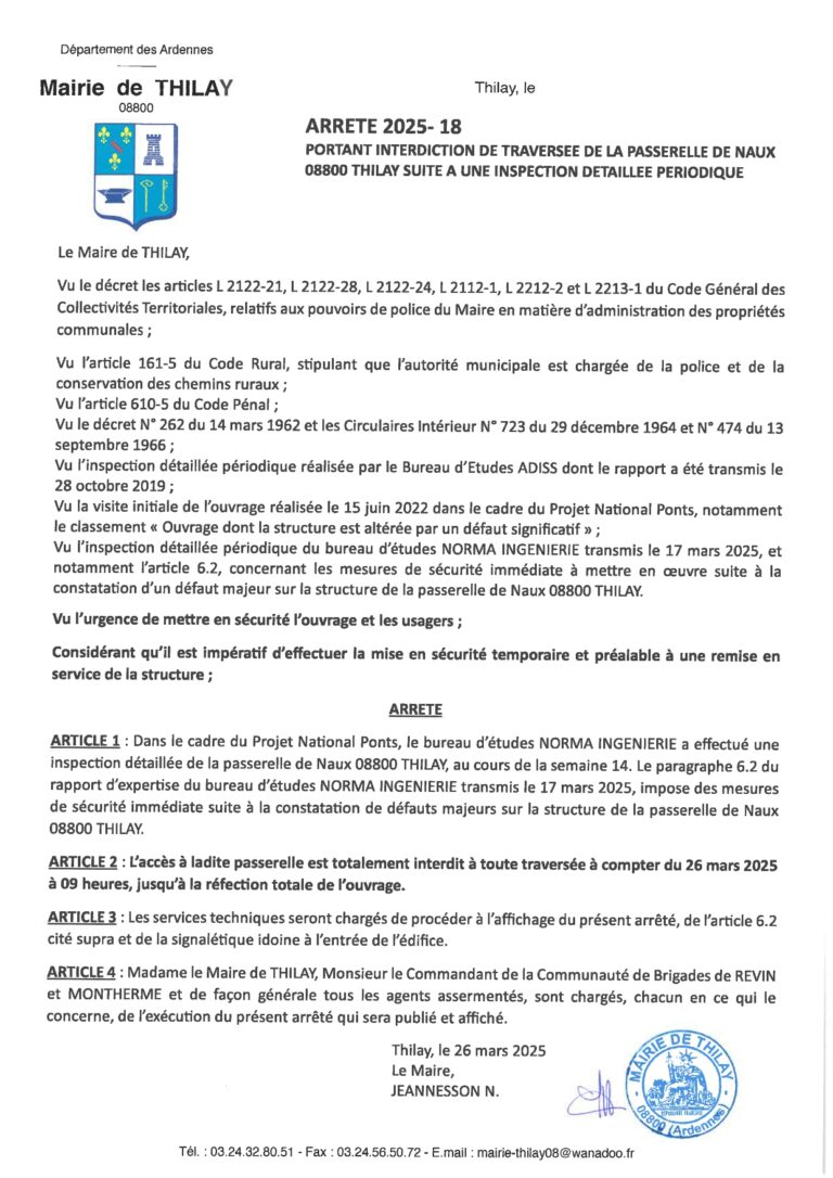 Arrêté d’interdiction de traverser de la Passerelle de Naux – Thilay.fr